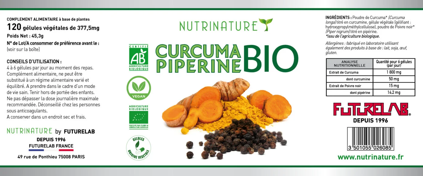 CURCUMA BIO + PIPERINE BIO- puissant anti-oxydant-digestion-articulations-